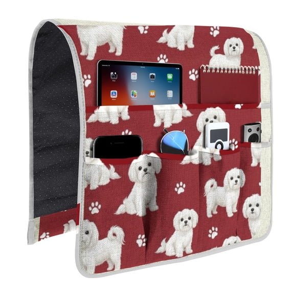 Maltese and Paw Print Red Pattern Armrest Organizer, Chair Side Storage ...