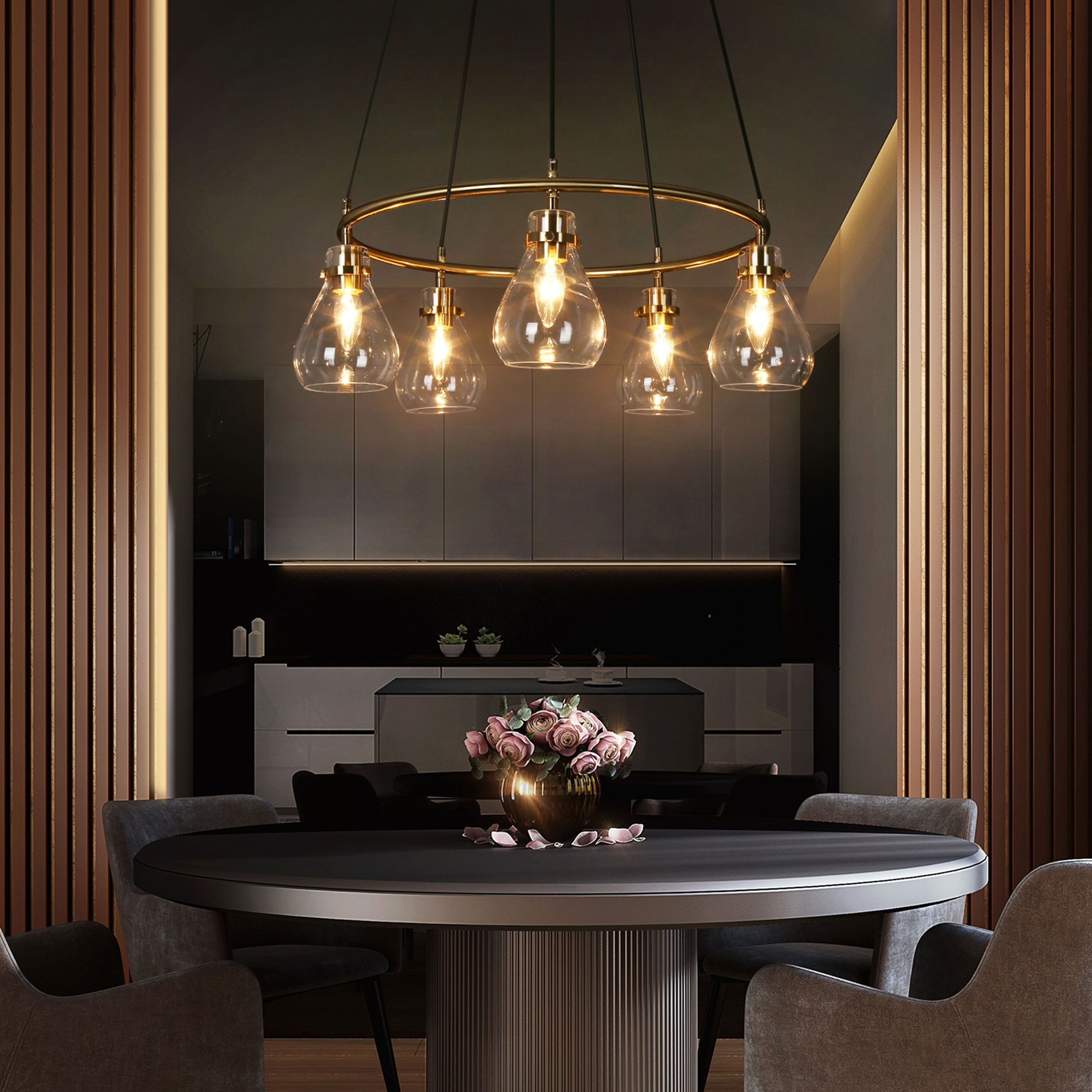 Malury Modern 5-light Chandelier Brass Gold Wagon Wheel with Clear Drop ...