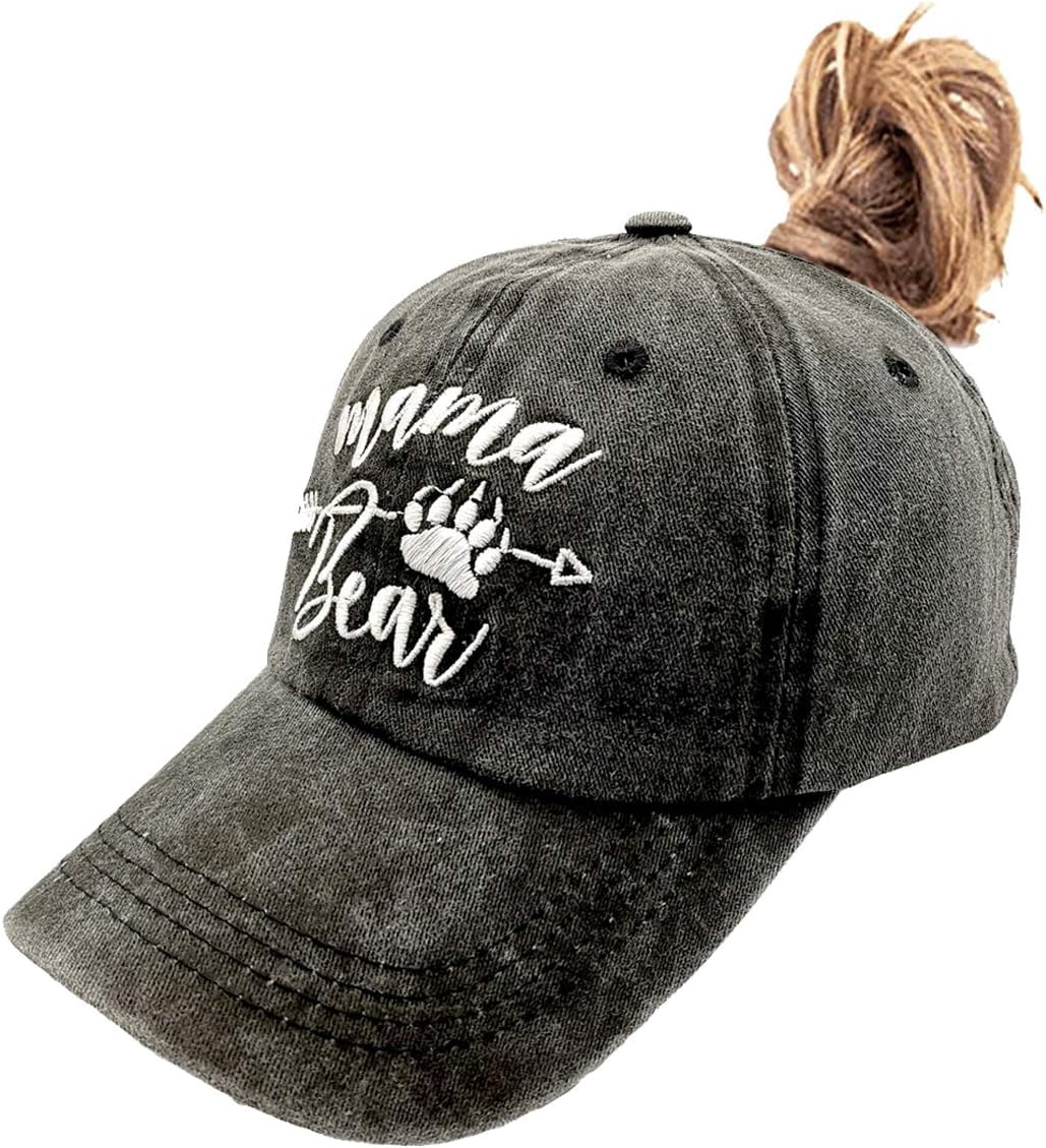 Mama Bear Ponytail Hat Embroidered Messy High Bun Distressed Baseball ...