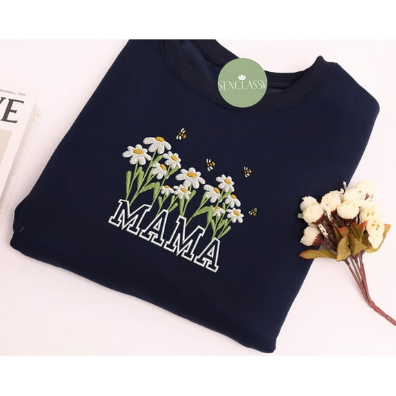Mama Daisy Flower With Bee Embroidered Sweatshirt, Floral Mom Sweater ...