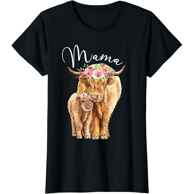 Mama Highland Cow With Baby Calf Floral Mothers Day Mom Gift T-Shirt ...