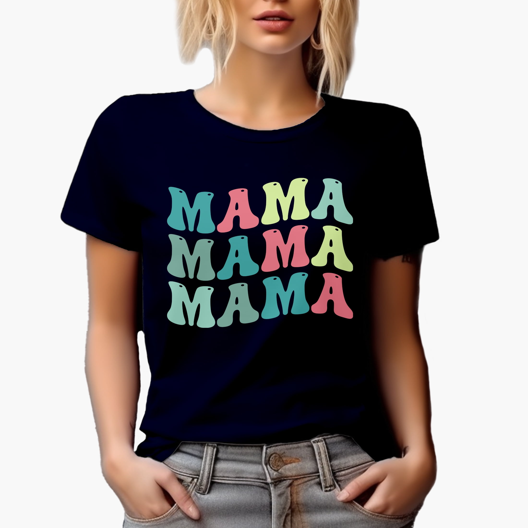 Mama, Mother Themed, Groovy Retro Wavy Text Merch Gift, Navy Blue T ...