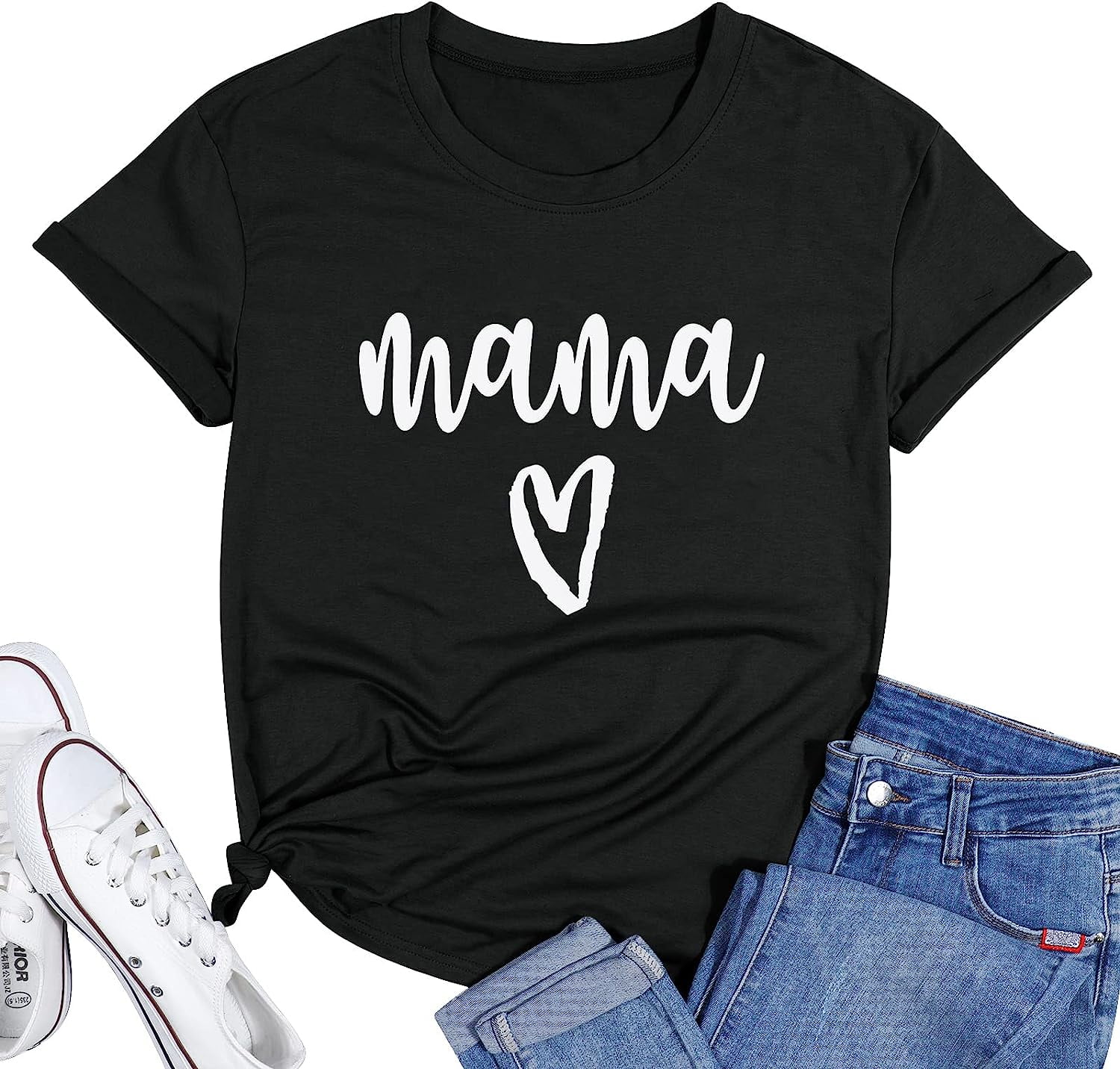 Mama Tshirt Womens Mama Heart Graphic Shirts Mom Letter Printed T-Shirt ...