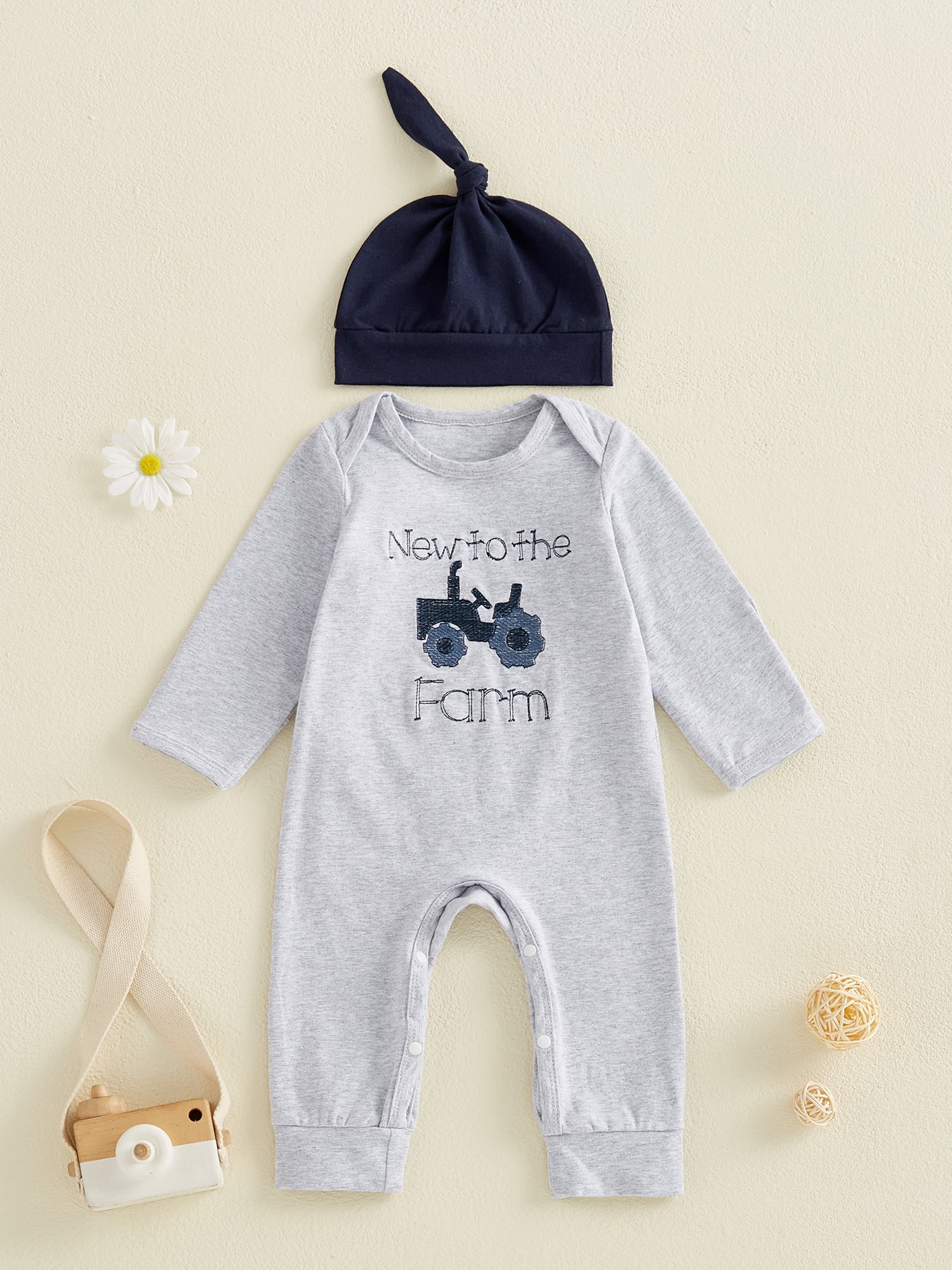 Mama's sunshine Baby Boy Fall Romper Letter Tractor Embroidery Long ...