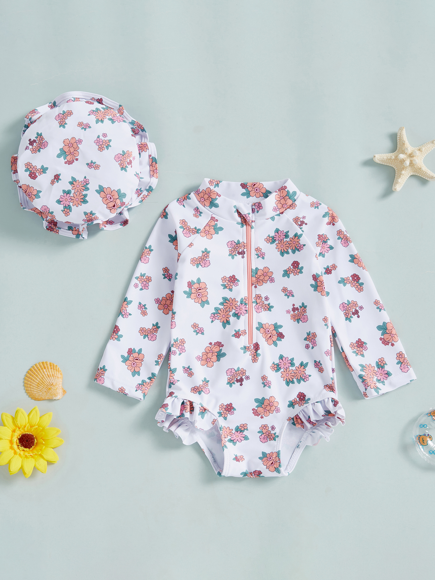 Mama's sunshine Baby Girl Rash Guard Swimsuit Floral Print Zipper Long Sleeve Ruffled Bathing ...