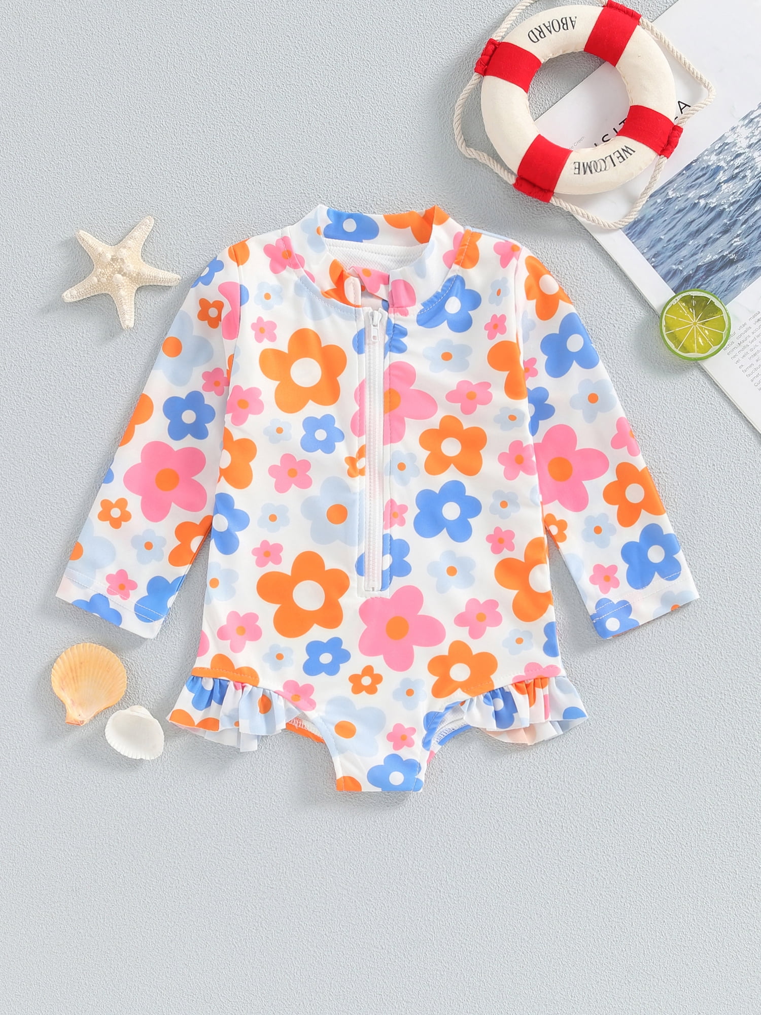 Mama's sunshine Baby Girl Summer Rash Guard Swimsuits Floral Print Zipper Long Sleeve Swimwear ...