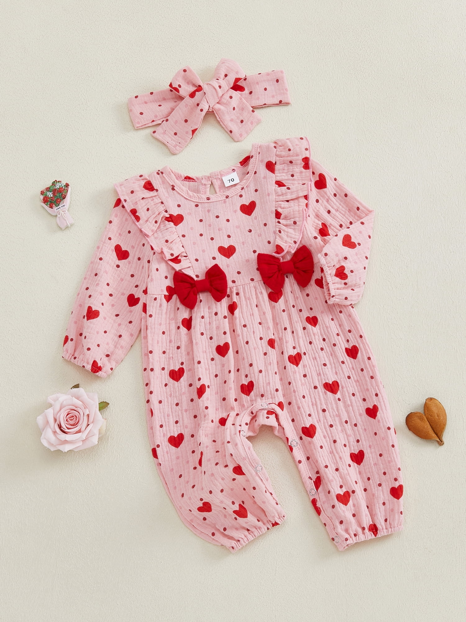 Mama's sunshine Baby Girl Valentine’s Day Outfits Long Sleeve Heart Dots Print Ruffle Jumpsuit ...