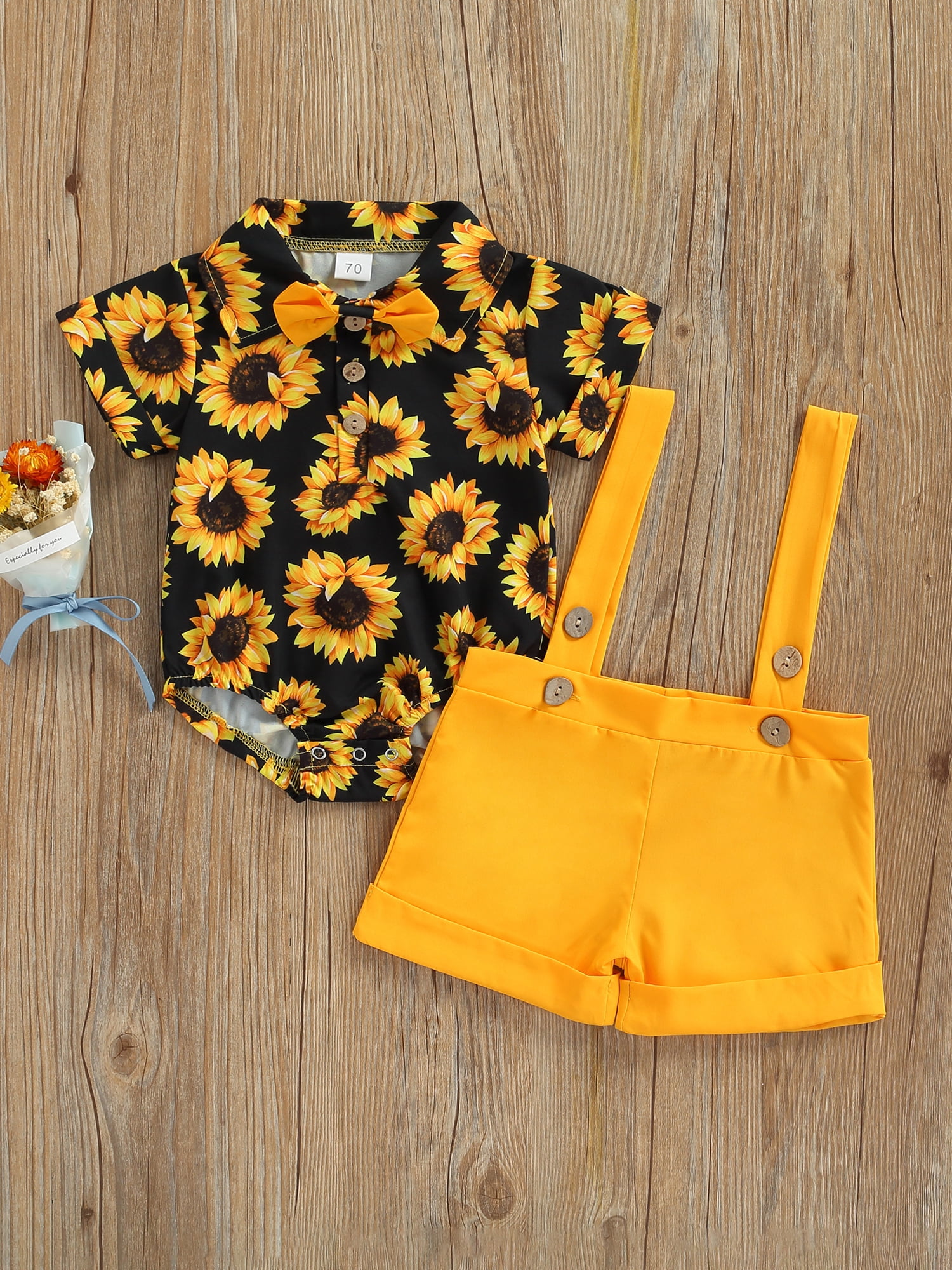 Mama's sunshine Baby Romper Set Sunflower Print Neckline Bow Button ...