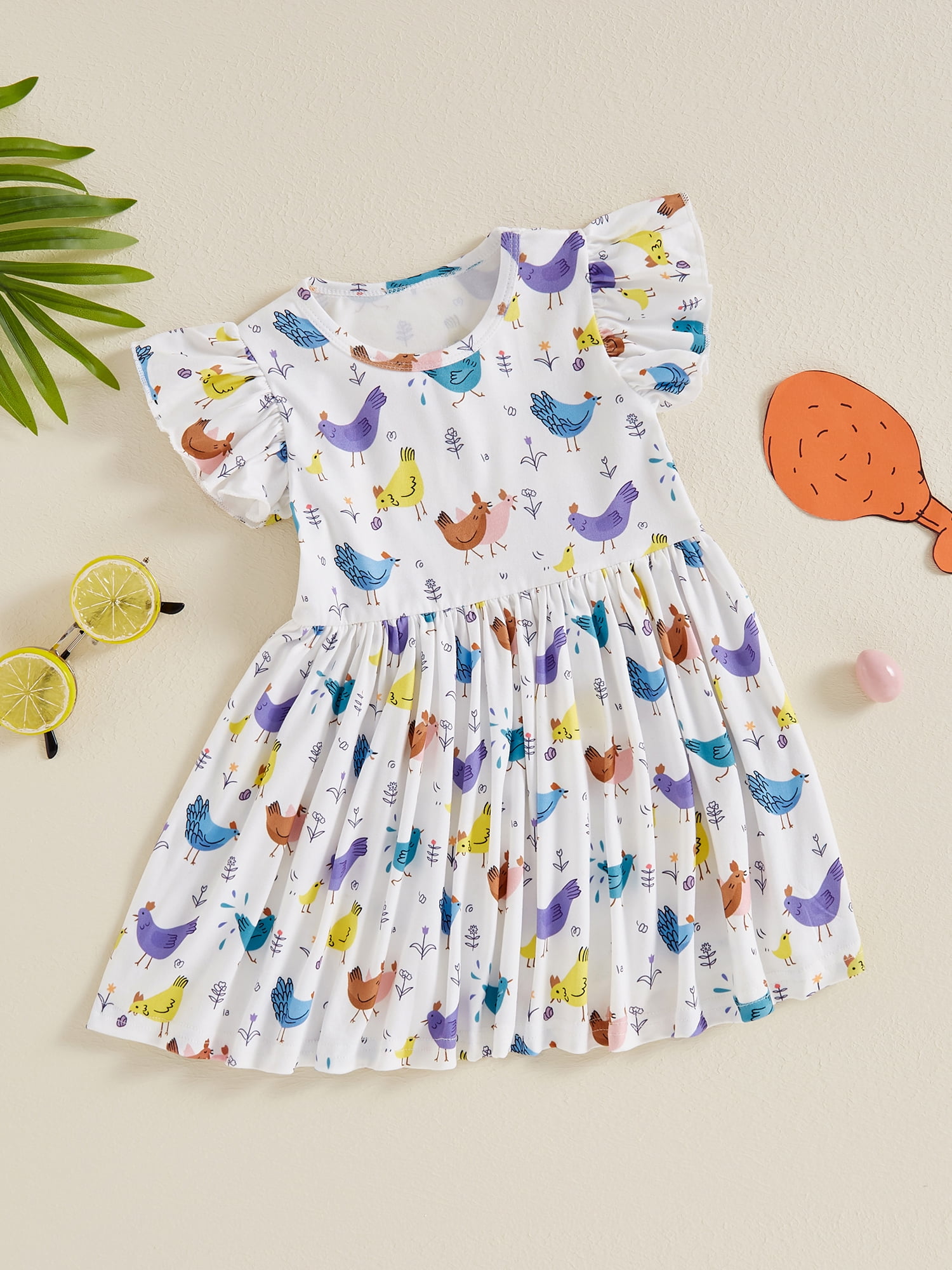 Mama's sunshine Girls A-line Summer Dress, Fly Sleeve Crew Neck Chicken ...