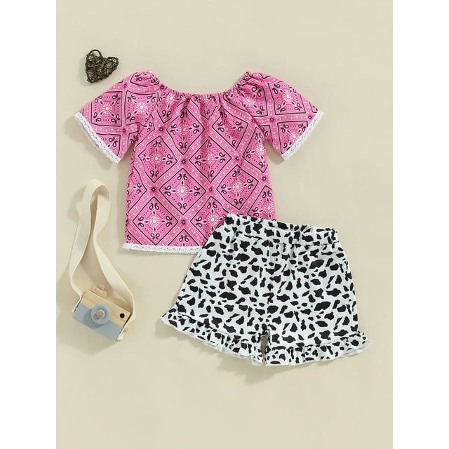 Mama's sunshine Little Girls Summer Short Sleeve Off Shoulder Tops Cow Print Shorts 2Pcs Set ...