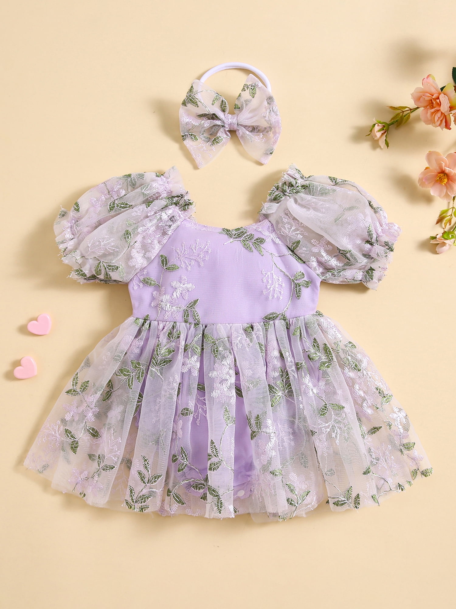 Mama's sunshine Newborn Girl Outfit Puff Sleeve Leaves A-line Romper ...
