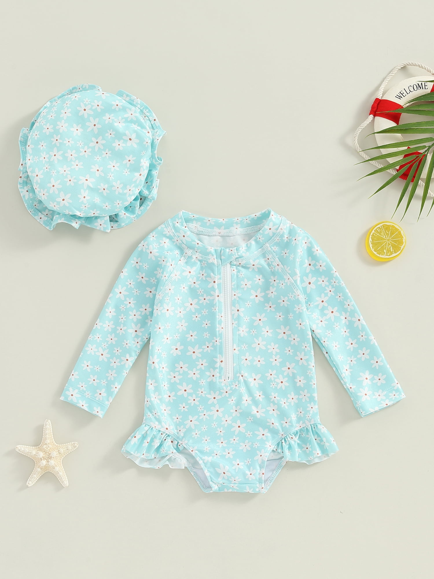 Mama's sunshine Toddler Girls Rash Guard Swimsuit Rompers Long Sleeve Floral Print Baby Ruffles ...