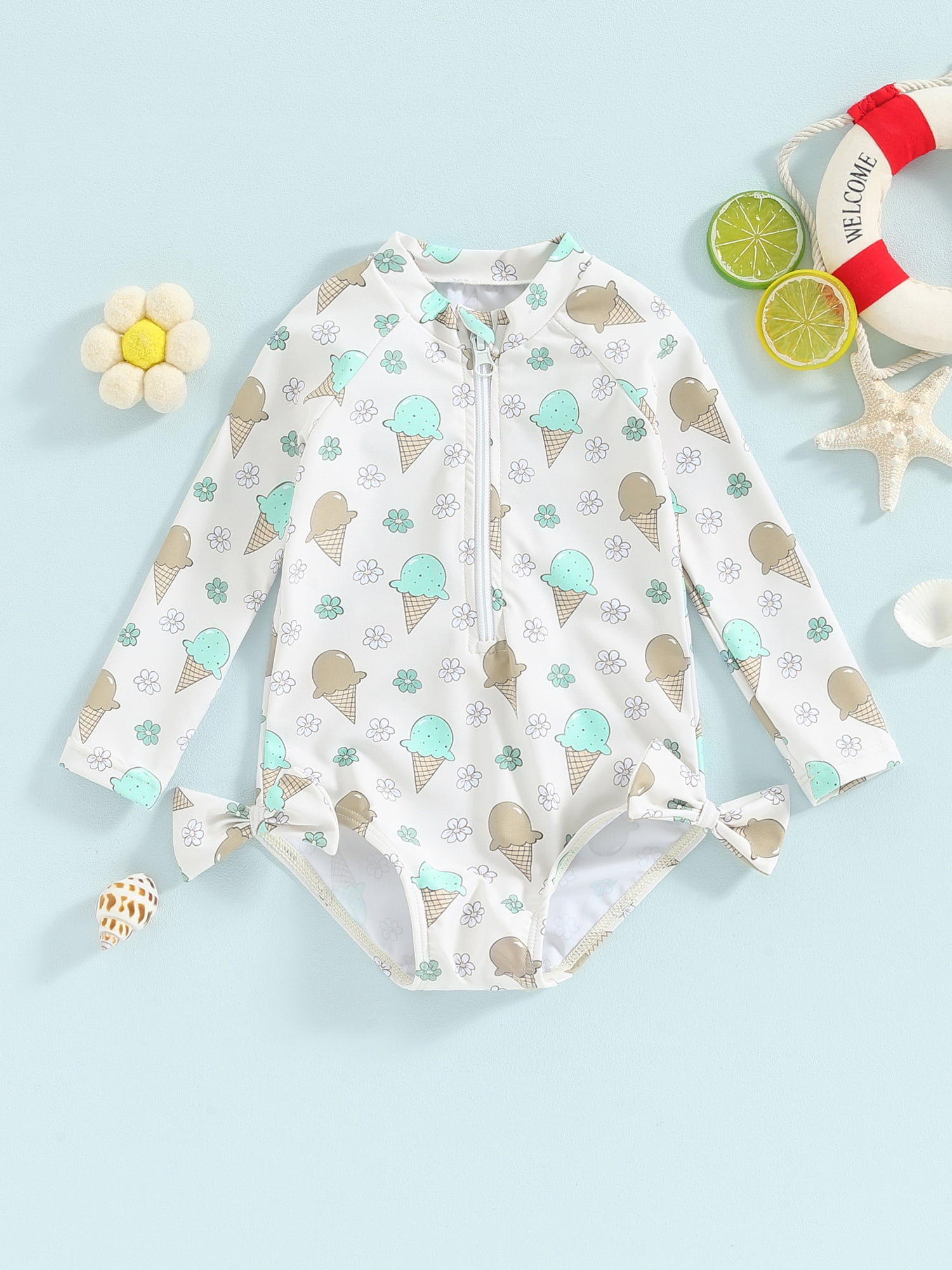 Mama's sunshine Toddler Girls Rash Guard Swimsuit Rompers Long Sleeve Flower//Ice Cream Print ...