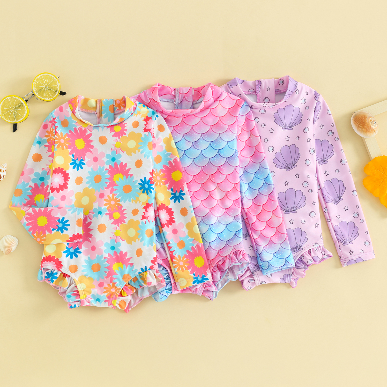 Mama's sunshine Toddler Girls Rash Guard Swimwear Long Sleeve Floral/Shell/Fish Scale Print ...