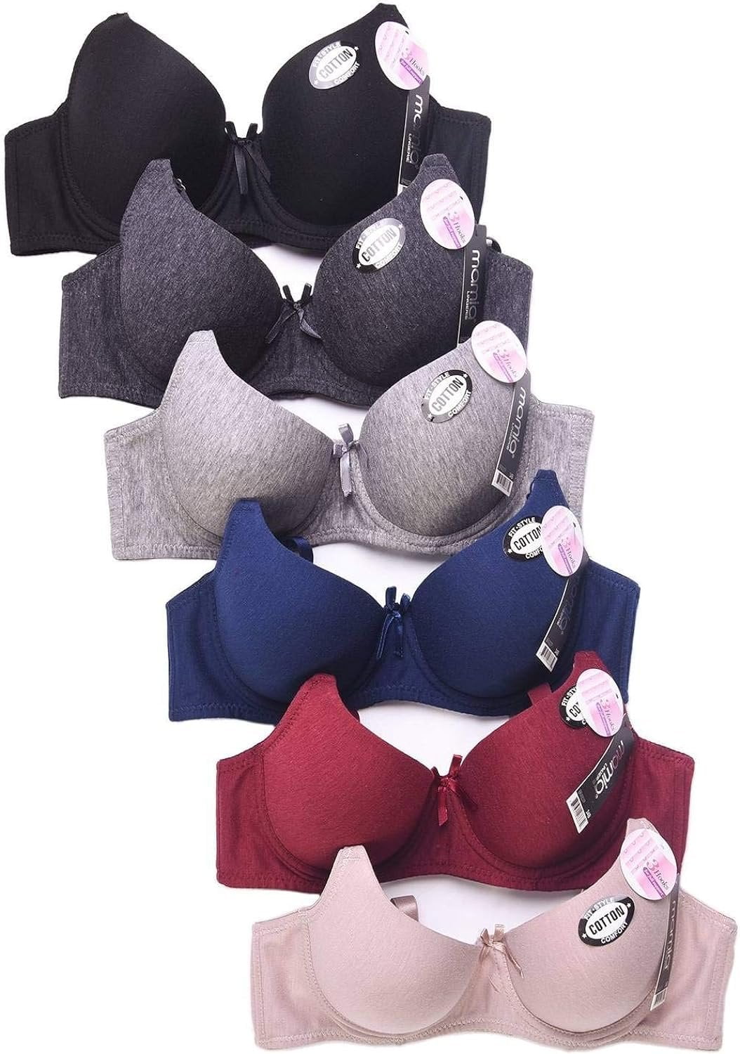 Mamia White Apparel Womens Basic Plain Bras Packs of 6 - Various Styles ...