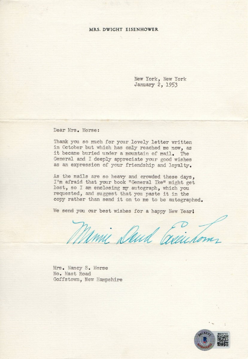 Mamie Eisenhower Signed Autographed Personal Letter First Lady 1953 BAS ...