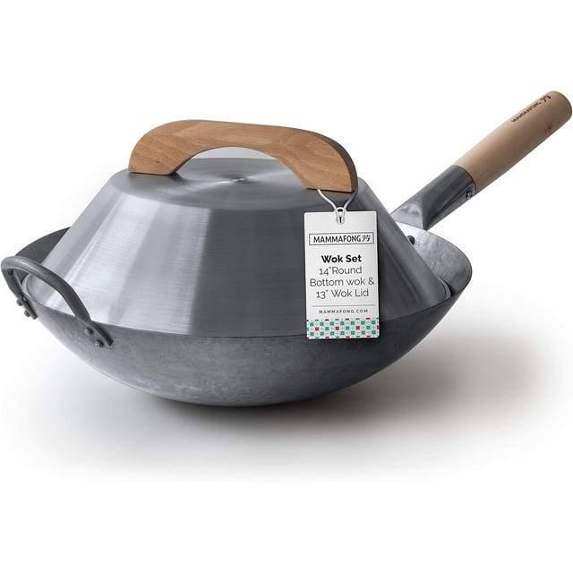 Mammafong Round Bottom Wok with lid, Hand Hammered Wok Set, 14" Carbon ...