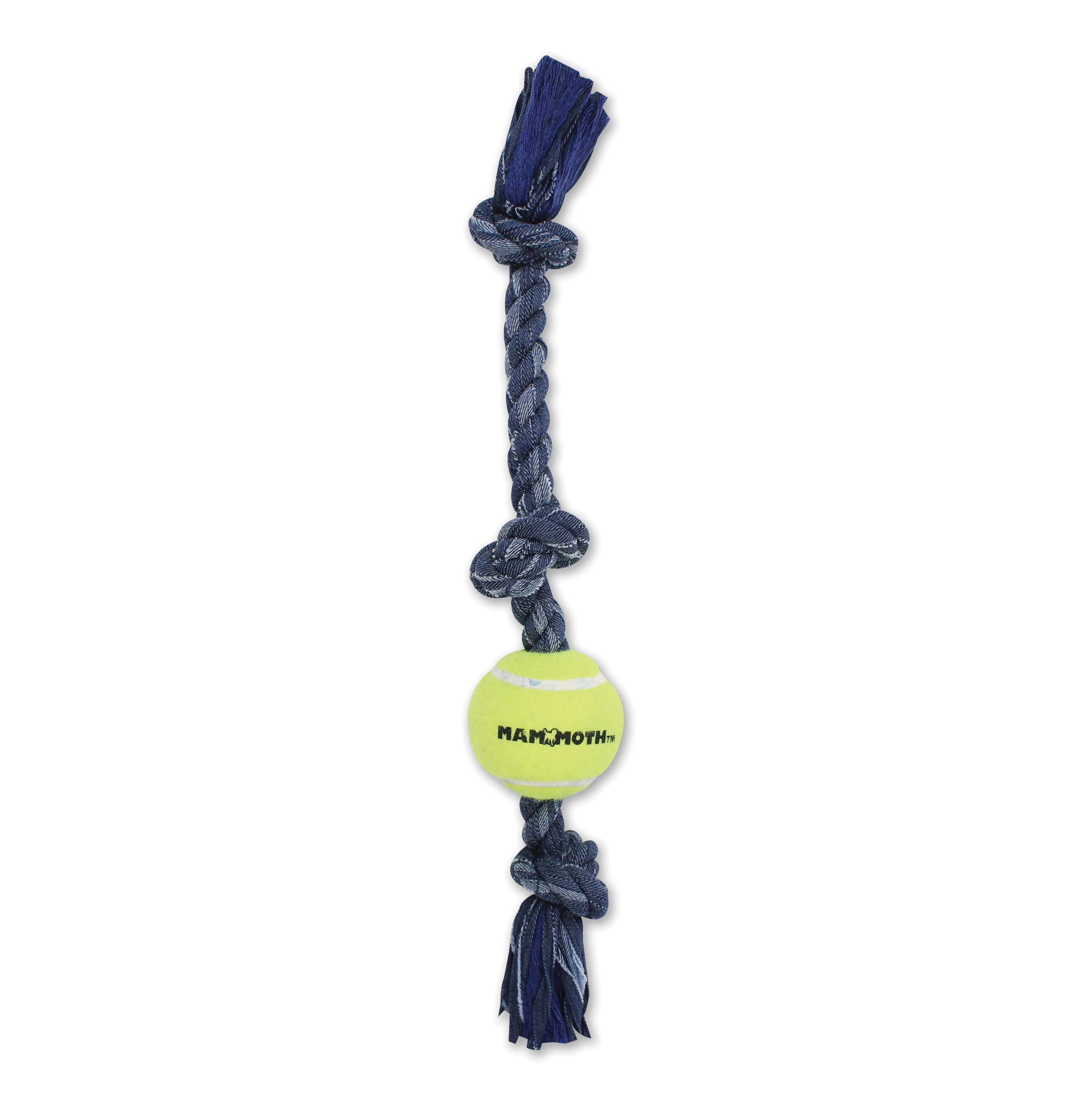 Mammoth Flossy Chews Cottonblend Denim 3 Knot Tug with 3" Ball Rope Dog ...