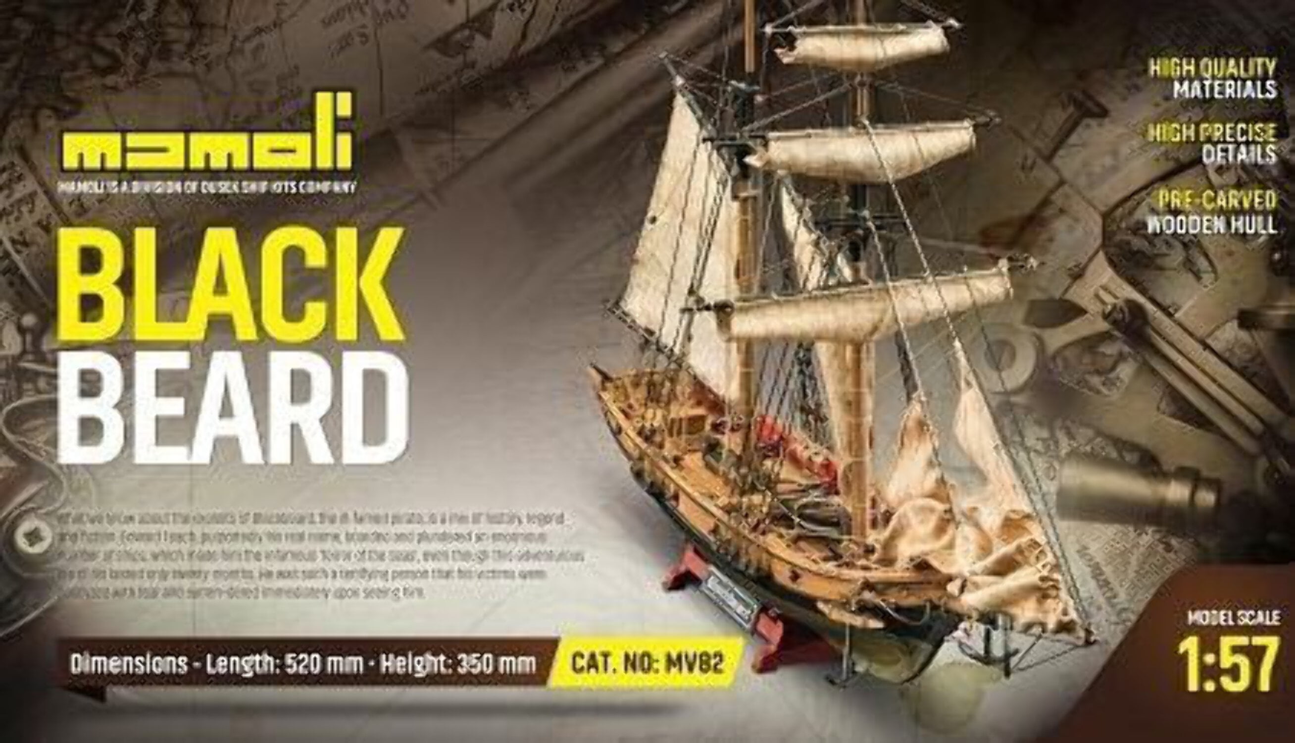 Mamoli MV82 Blackbeard Ship Model Kit, Wood Plank-On-Frame, 1/57 Scale ...