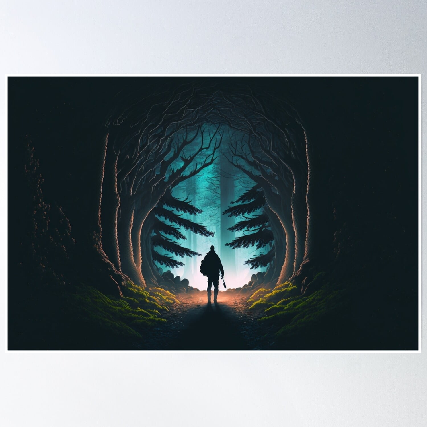 Man Entering A Forest At Night Full Of Giant Tre Poster Wall Art ...