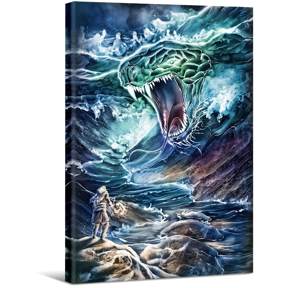 Man Facing A Giant Sea Serpent In Stormy Waters Large Wooden Framed ...
