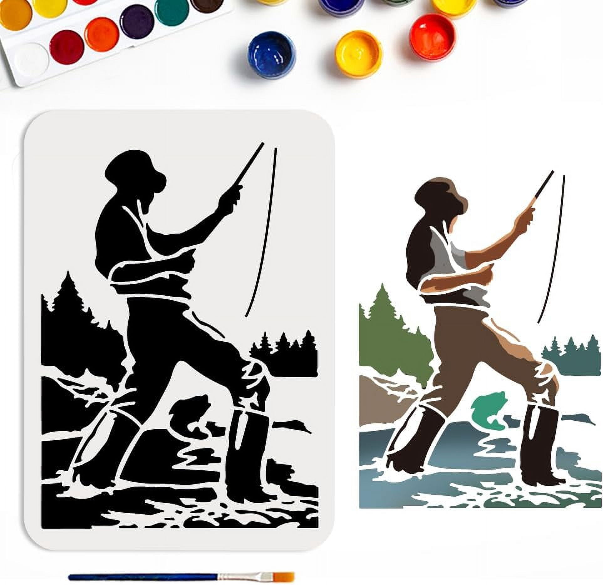 Man Fishing Stencil 11.7×8.3inch Summer Fish Stencil with Paint Brush ...