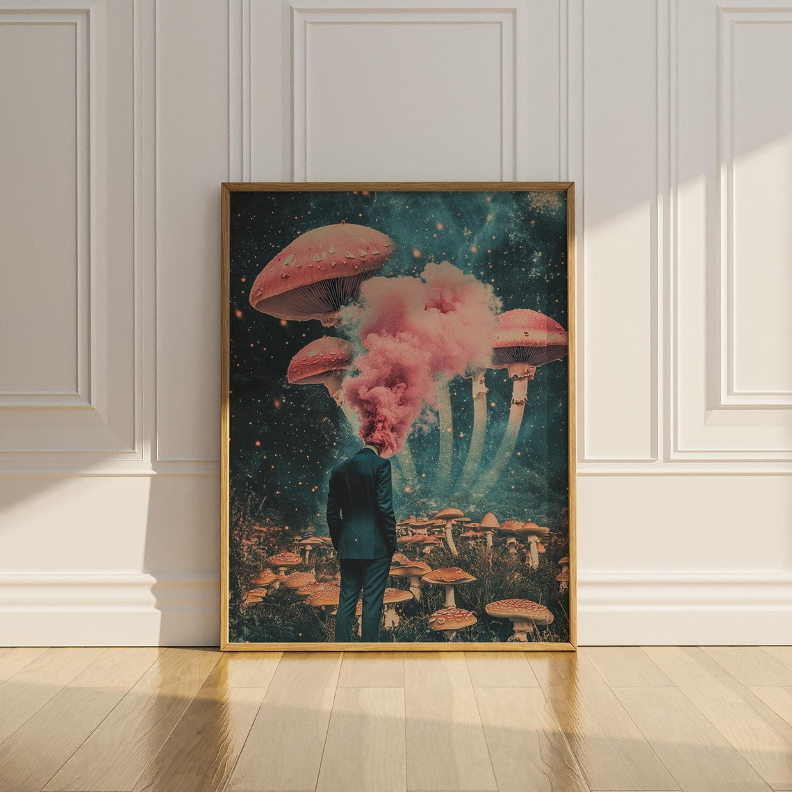Man In Mushroom Field Vintage Collage Wall Art Pink Smoke Surrealism ...