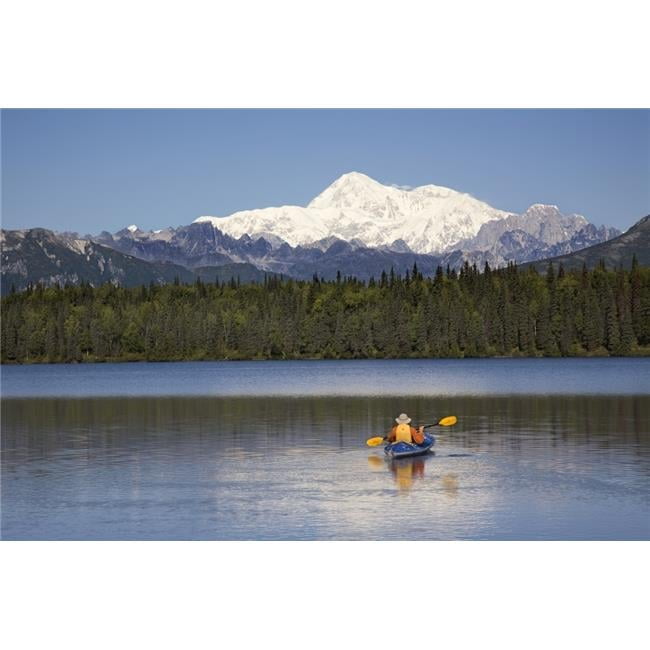 Man Paddling A Klepper Kayak On Byers Lake At Denali State Park. Mt. Mckinley is Visible in The ...