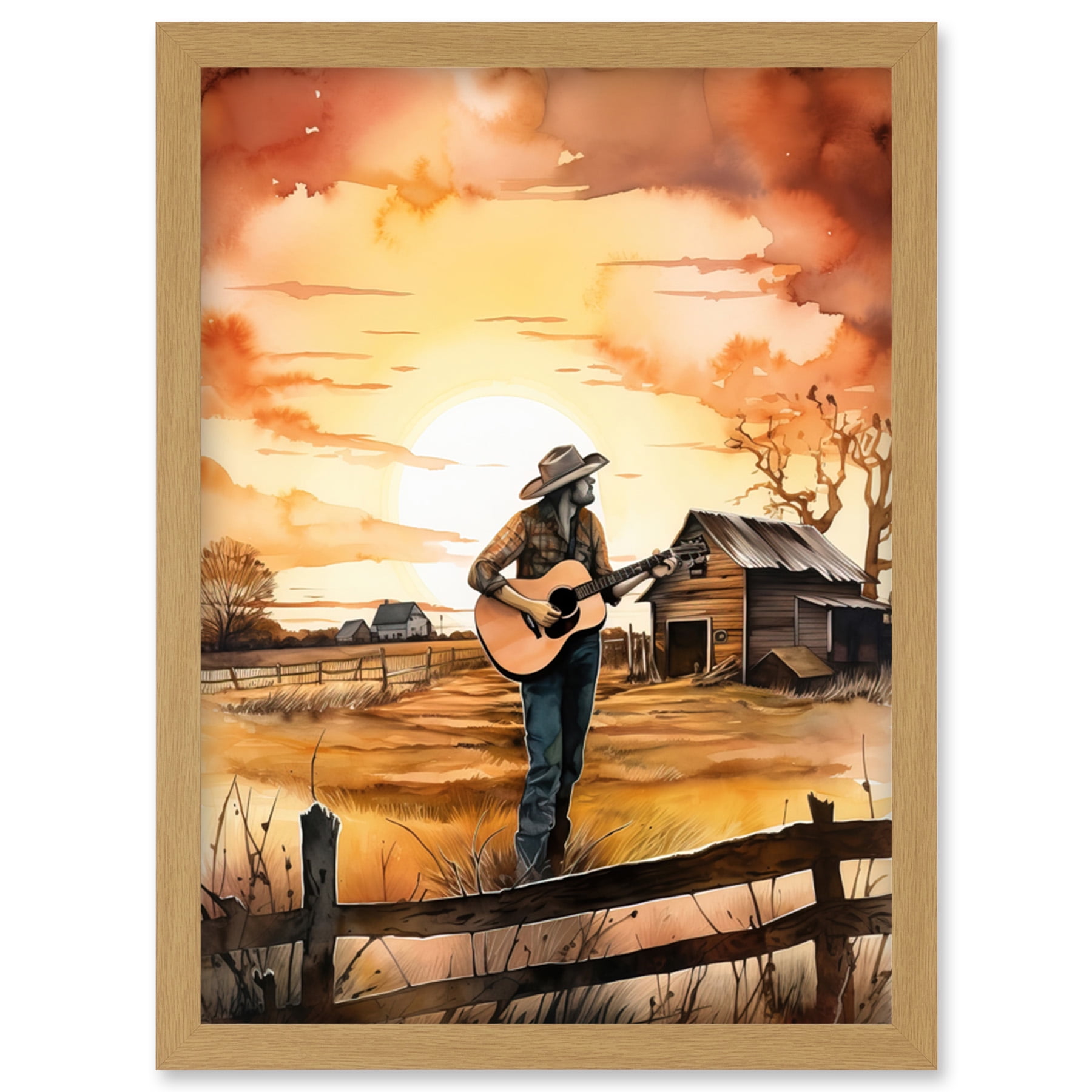 Man Playing Country Music Guitar in Countryside Farm on Sunset Modern ...