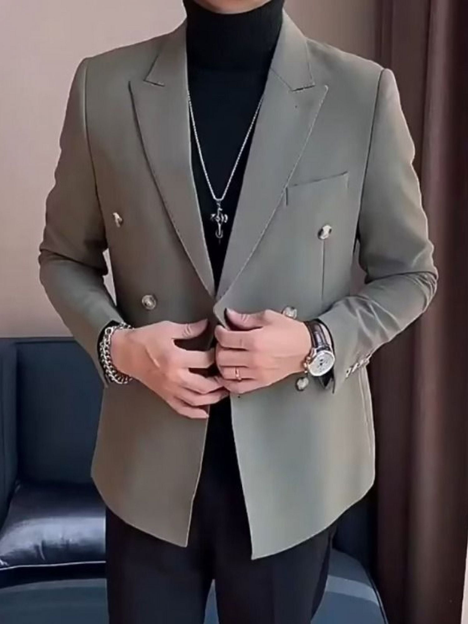 Man Suits And Blazers Oversize Double Breasted Gray Coats Jacket For ...