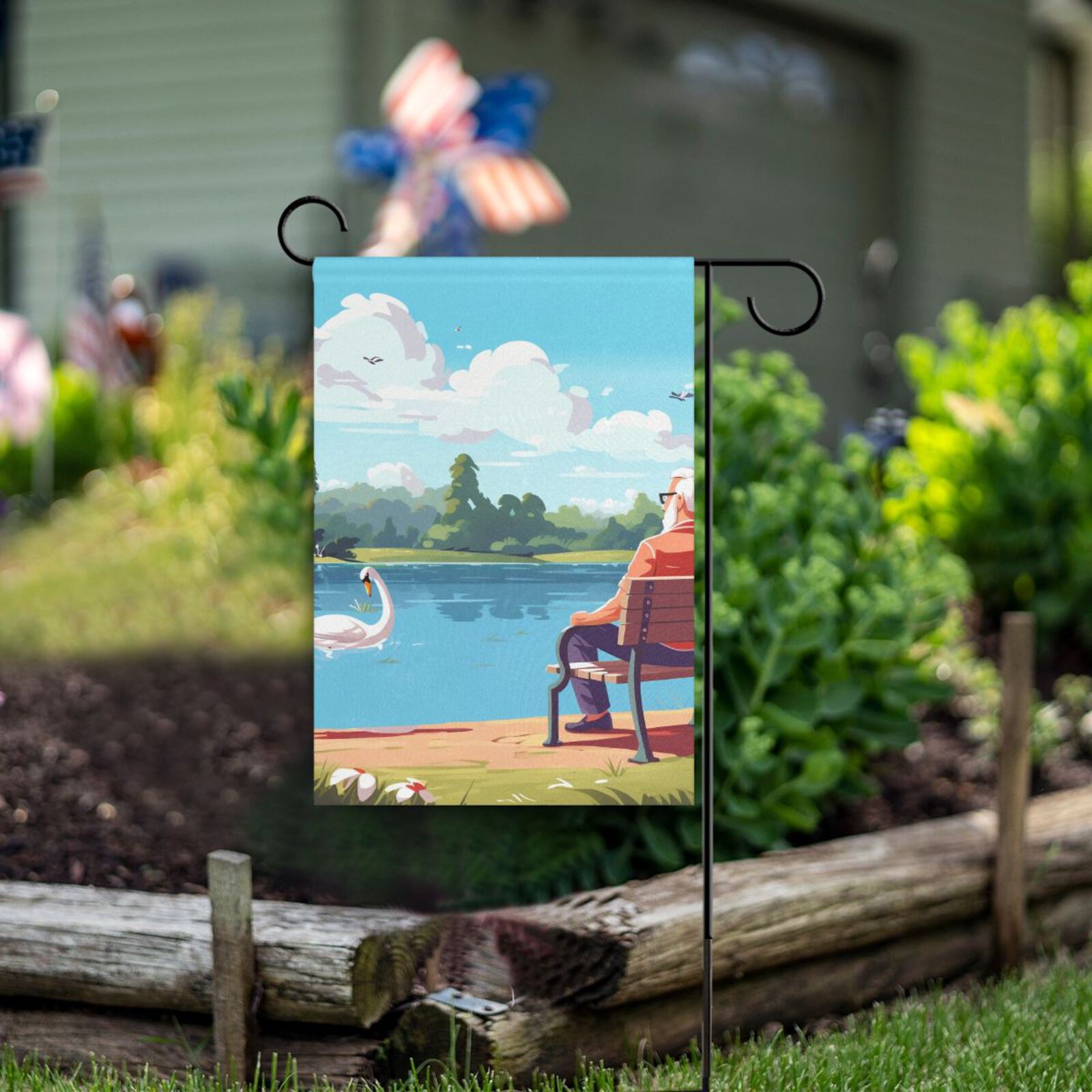 Man Swan Lake Trees Garden Flag Double Sided Outdoor Banners for ...