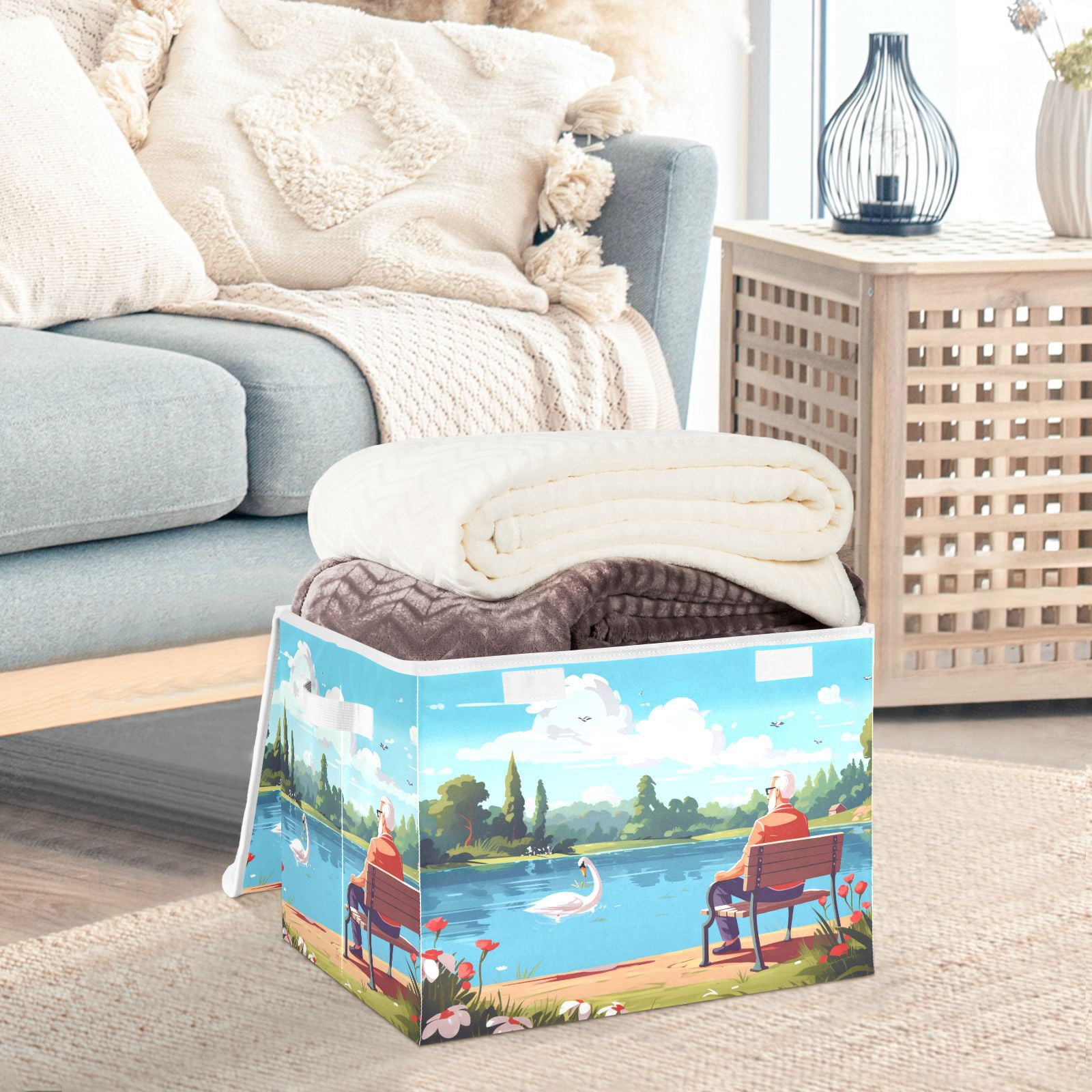 Man Swan Lake Trees Storage Basket Foldable Laundry Basket Shelf Kids ...