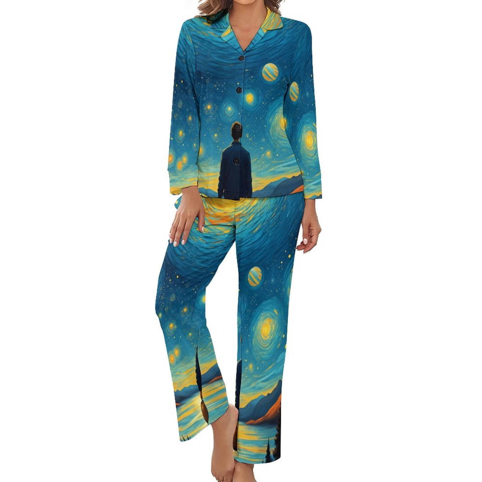 Man Under Starry Night Sky-1 Printed Pajama Set for Couples, Women Men ...