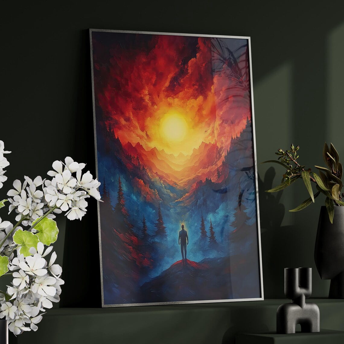 Man Walking Towards The Sun Over Red And Orange Clouds In Blue Forest ...