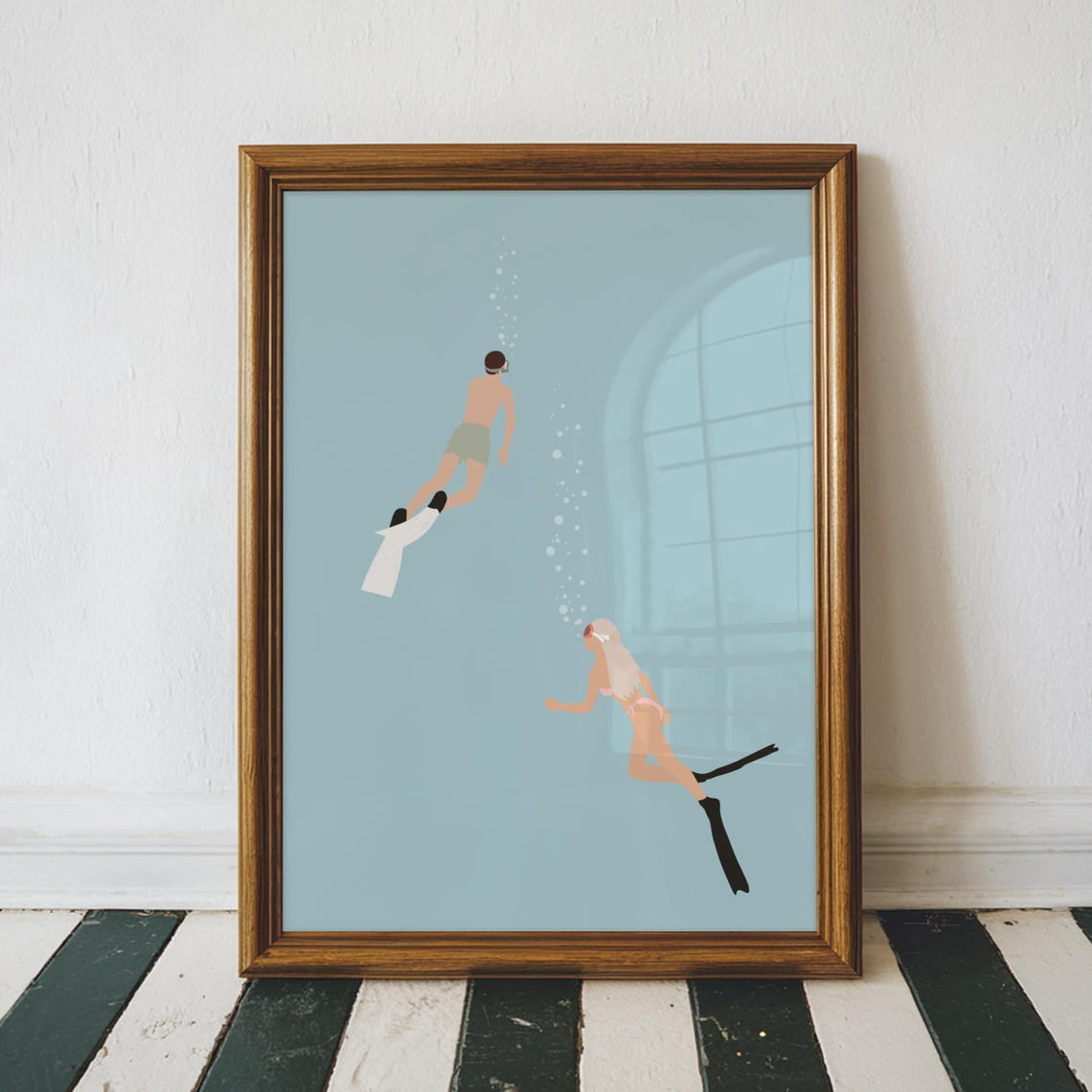Man Woman Diving Minimalist Swimming Couple Snorkeling Underwater Art ...