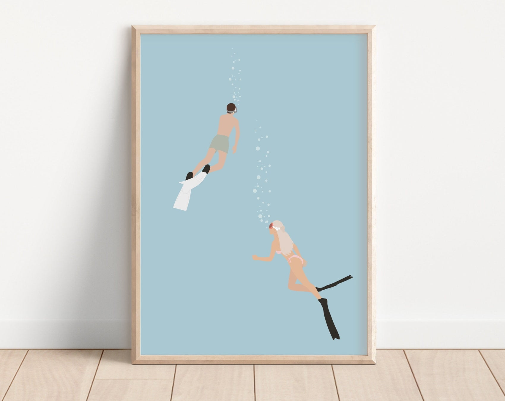 Man Woman Diving Print | Minimalist Woman Swimming | Couple Snorkeling ...