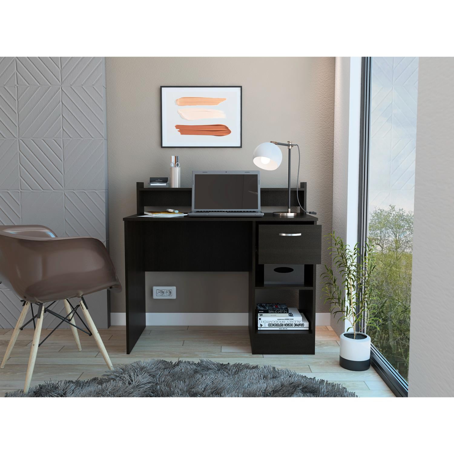 Manaos Writing Computer Desk , Multiple Shelves, One Drawer Black ...