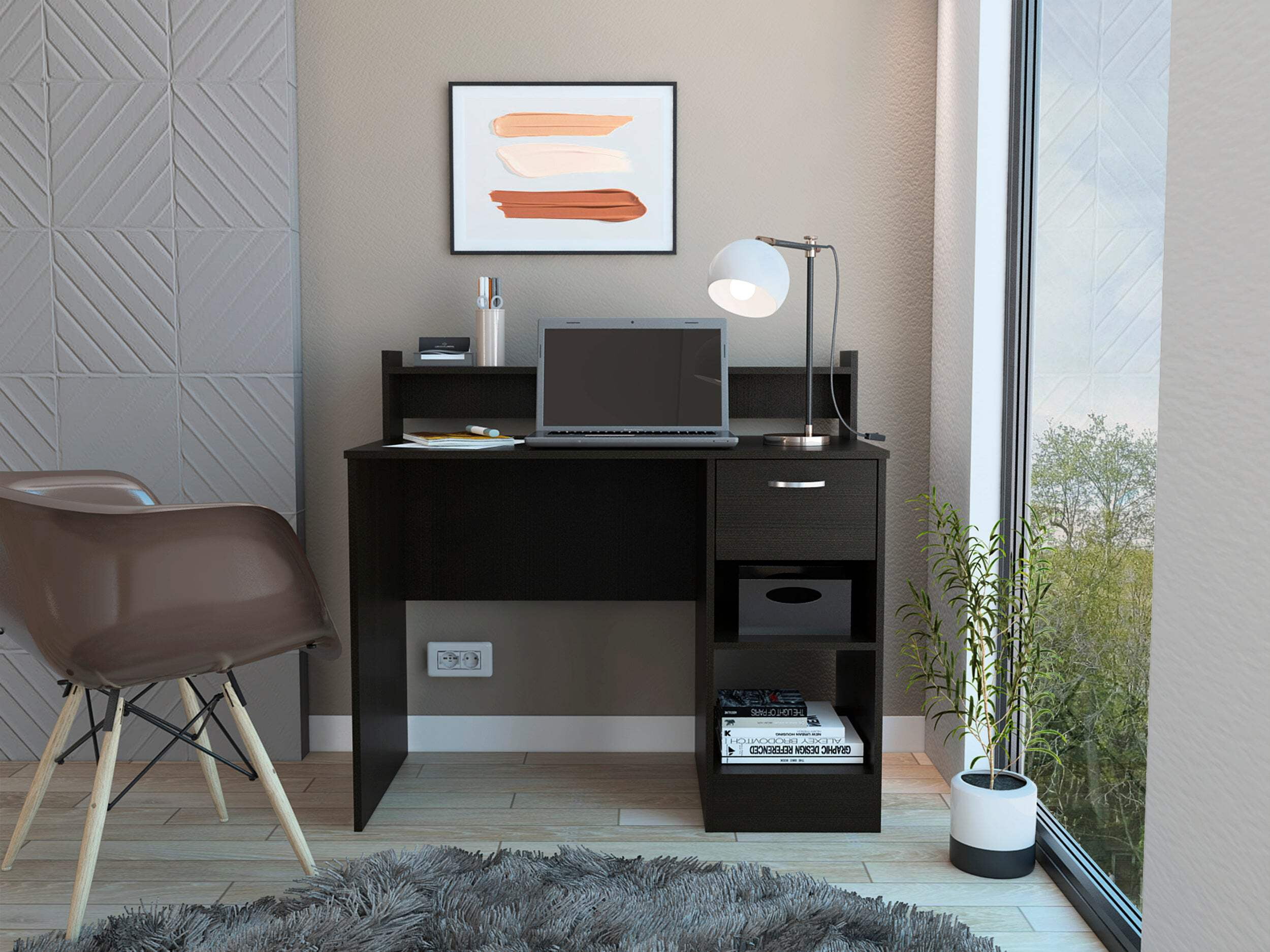 Manaos Writing Computer Deskmultiple Shelves, One Drawer Black Computer ...