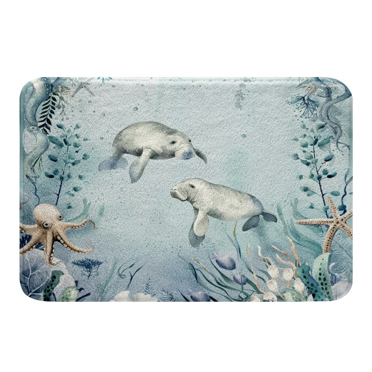 Manatee Bathroom Rugs Teal Blue Ocean Beach Coastal Floor Mats 20"x32 ...