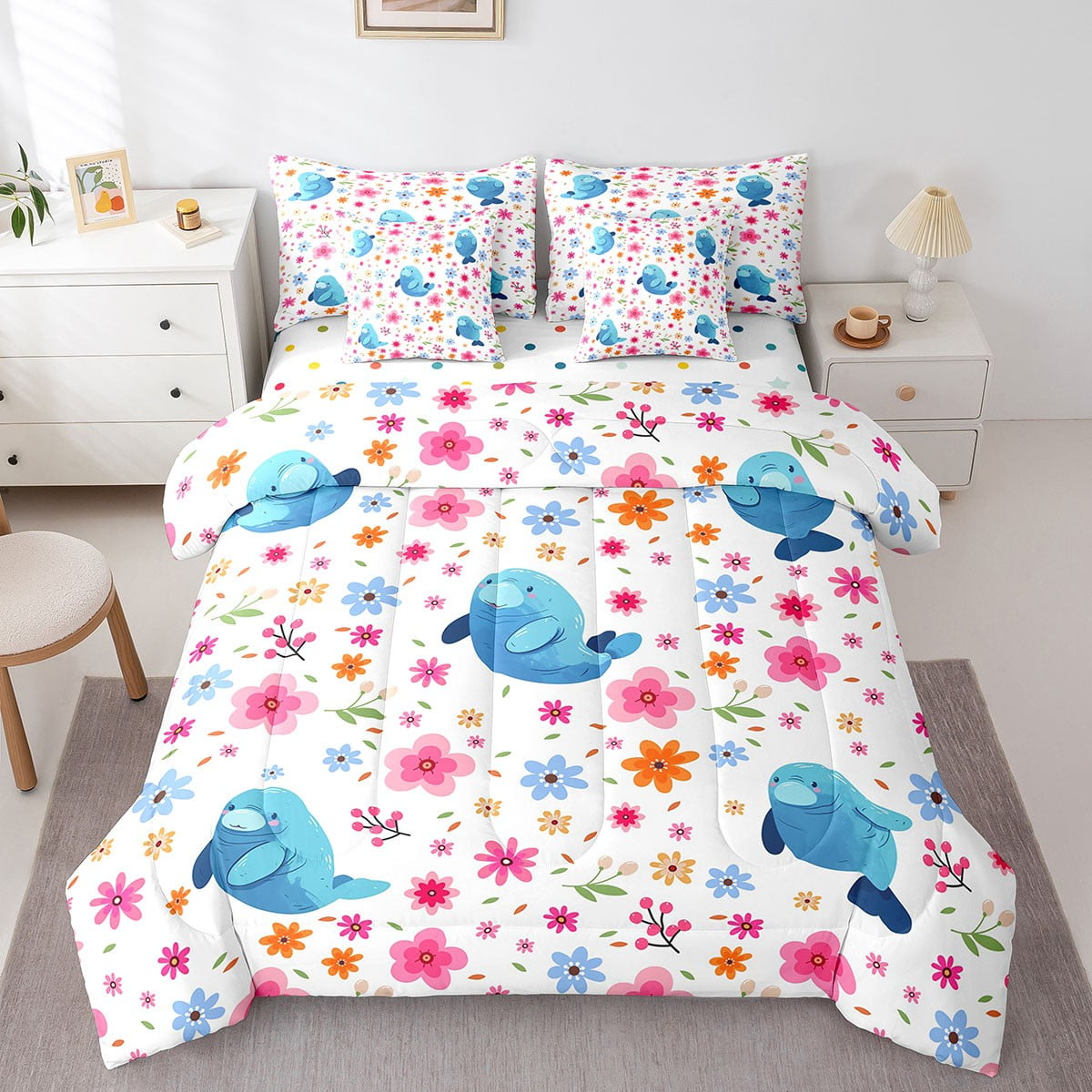 Manatee Bedding Comforter Sets 7pcs Pink Flower Floral Full Bedding Sets, Colorful Polka Dots ...