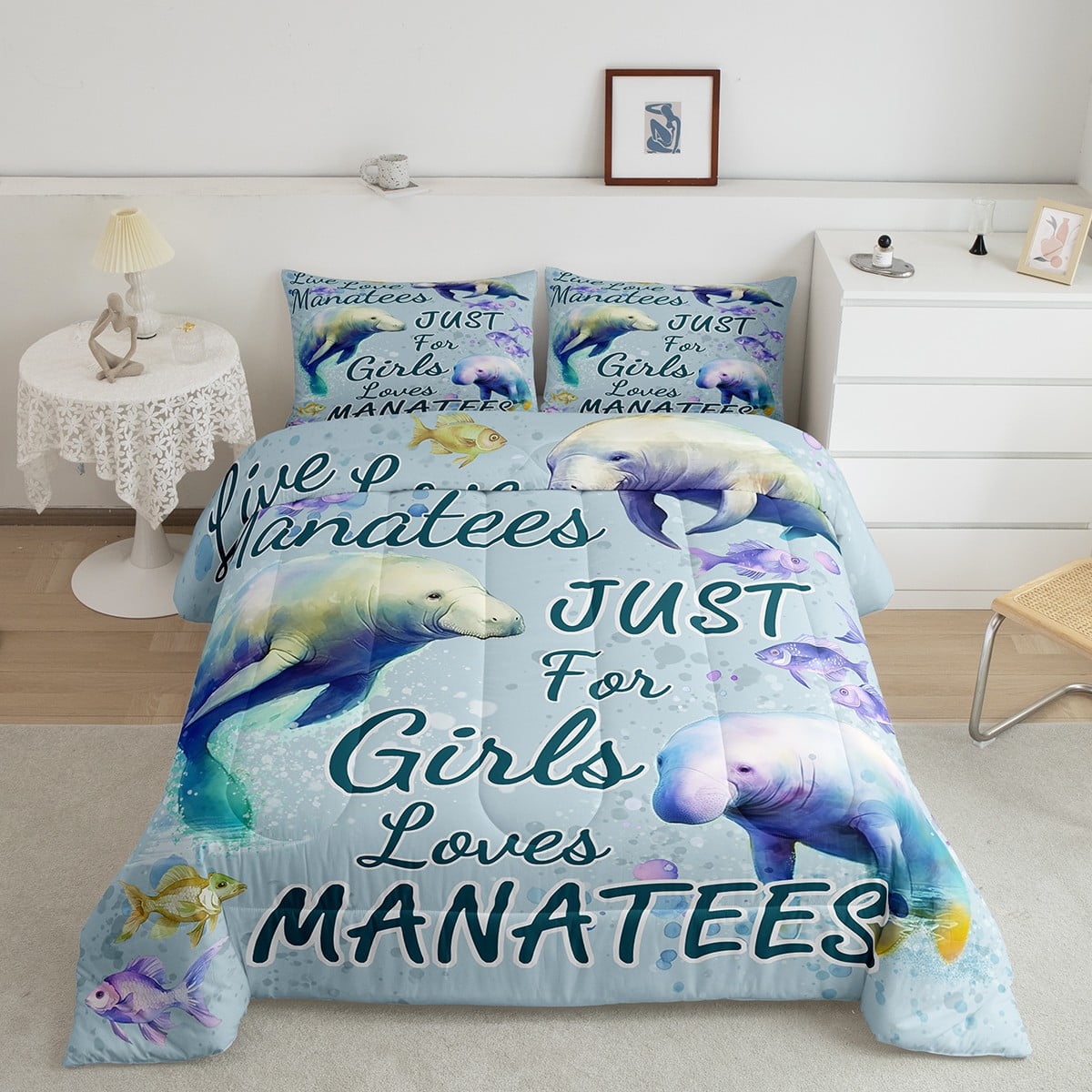 Manatee Comforter Set King, Watercolor Sea Animals Bedding Women ...