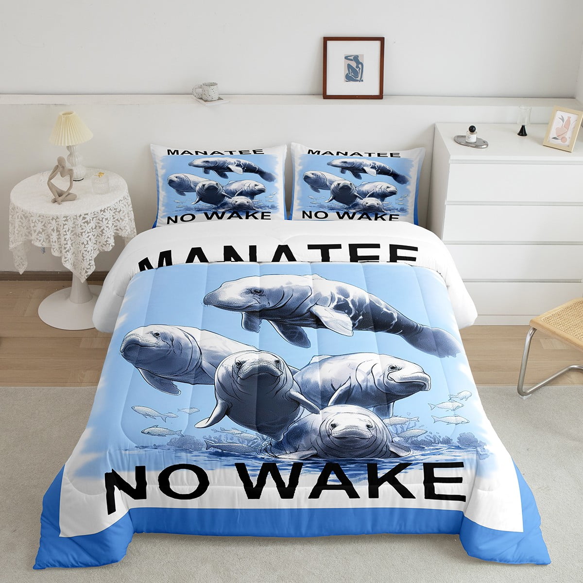 Manatee Comforter Set Queen, No Wake Bedding , Cartoon Manatees Room Decor Kawaii Marine Animals ...