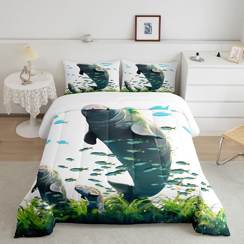 Manatee Lover Comforter Set Full Size, Underwater World Oasis Bedding ...