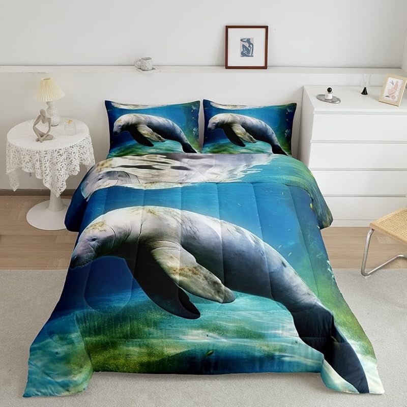 Manatee Lover Comforter Set Full Size, Underwater World Oasis Bedding ...