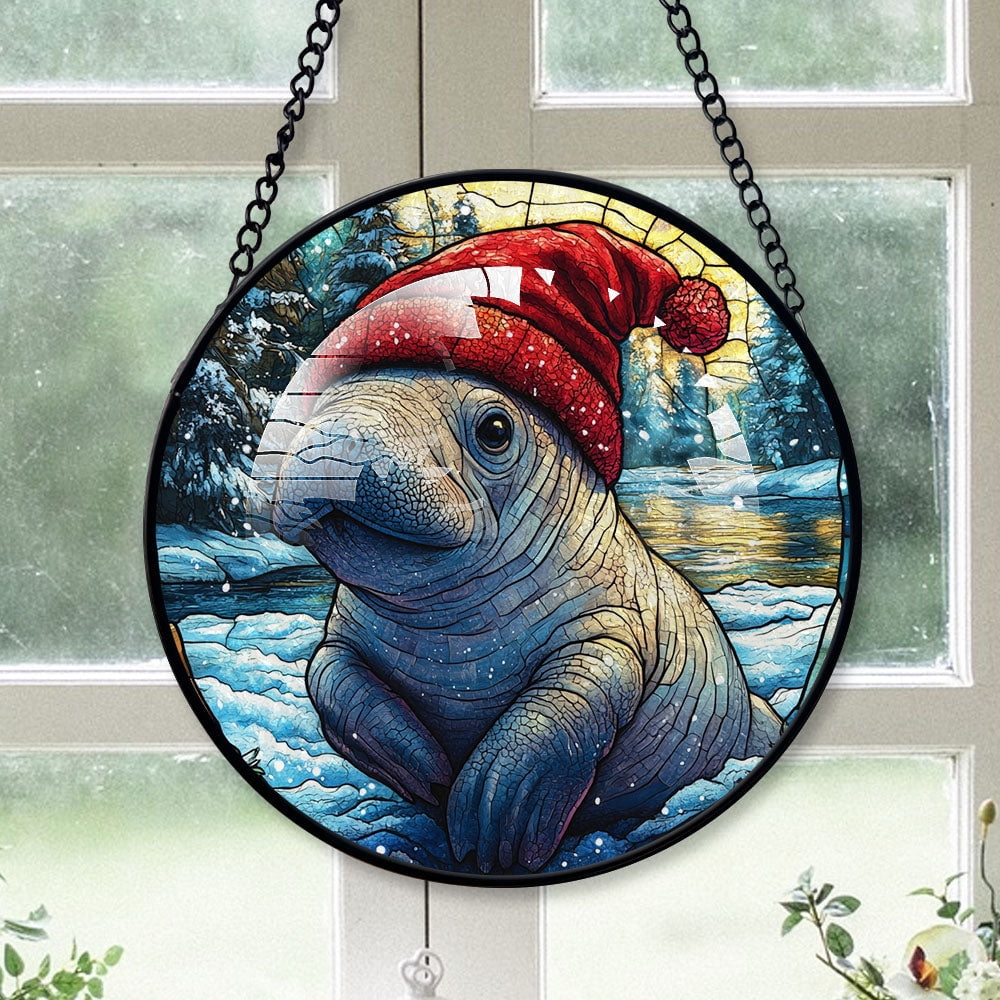 Manatee Ornament Christmas 2025, Manatee Stained Glass Hanging Window ...