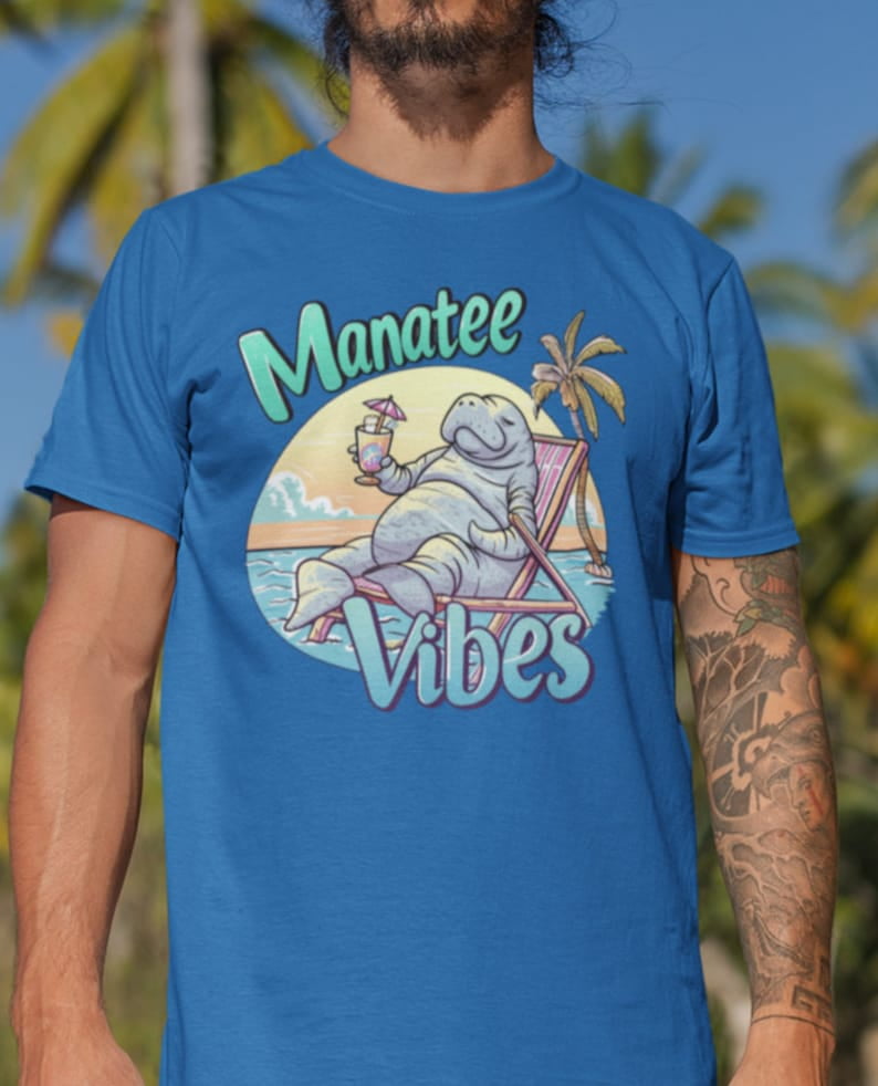 Manatee T-Shirt Relaxing Summer Tee with Tropical Sunset Cute Animal ...