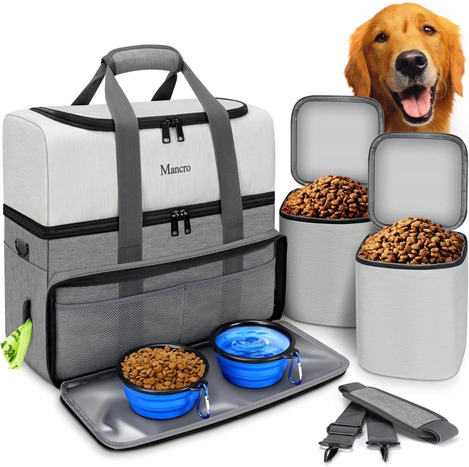 Mancro Dog Travel Bag, Dual Layers Pet Travel Bags with 2 Food ...