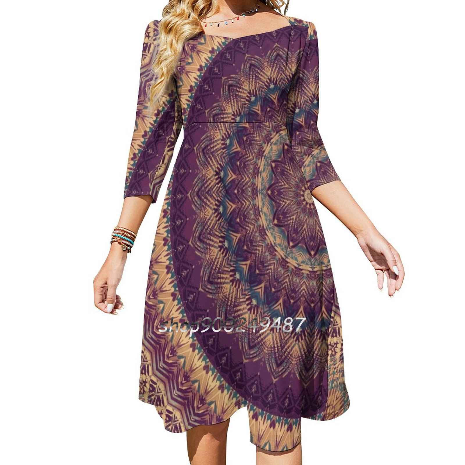 Mandala 108 Square Neck Dress New Plus Size Elegant Women Waist Tight ...