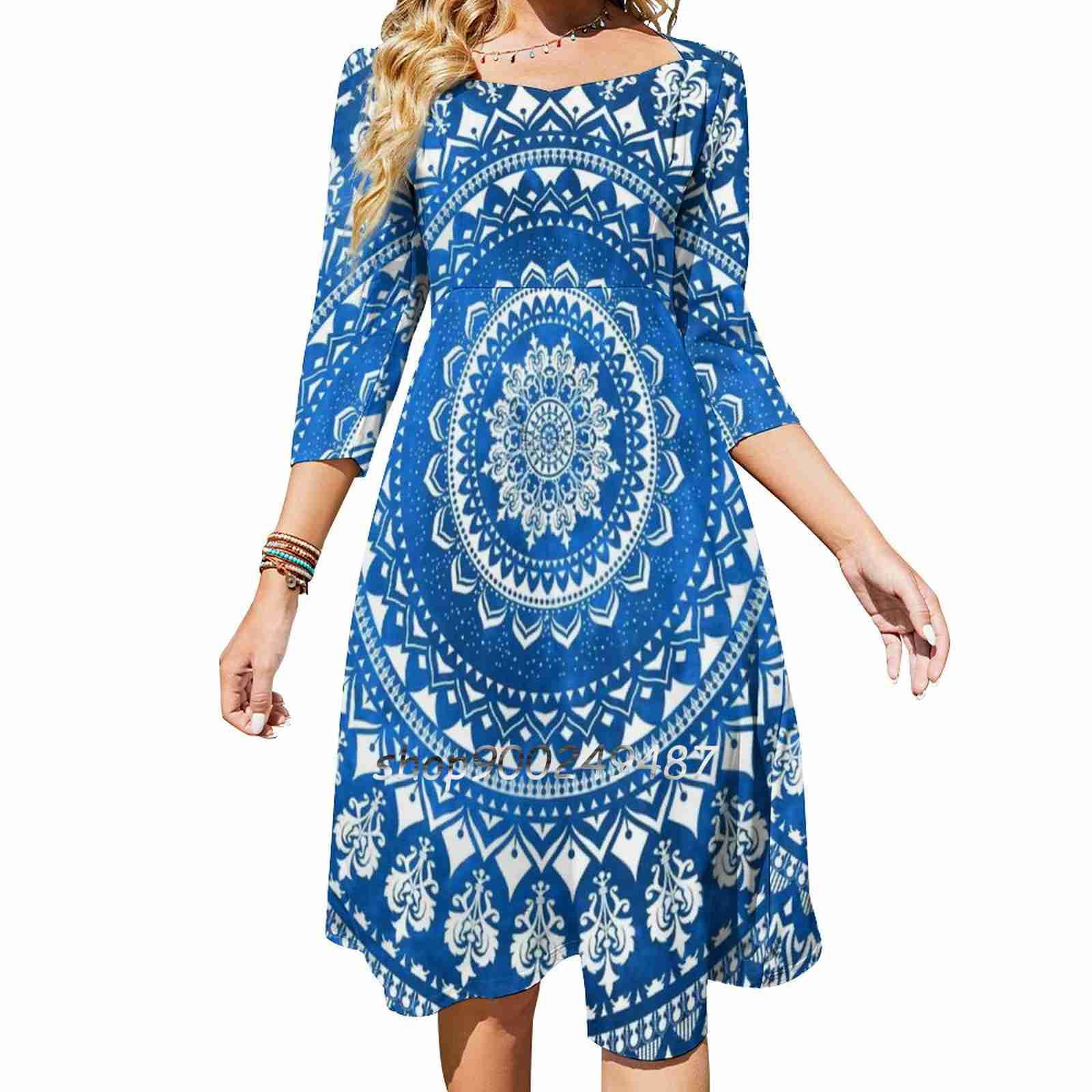 Mandala Blue Square Neck Dress Cute Loose Print Dresses Elegant Beach ...