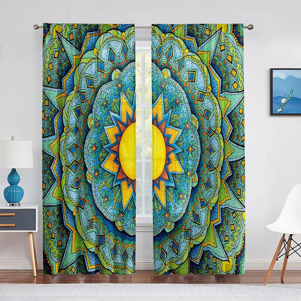Mandala Bohemian Boho Green Blue Tulle Curtains for Living Room Bedroom ...